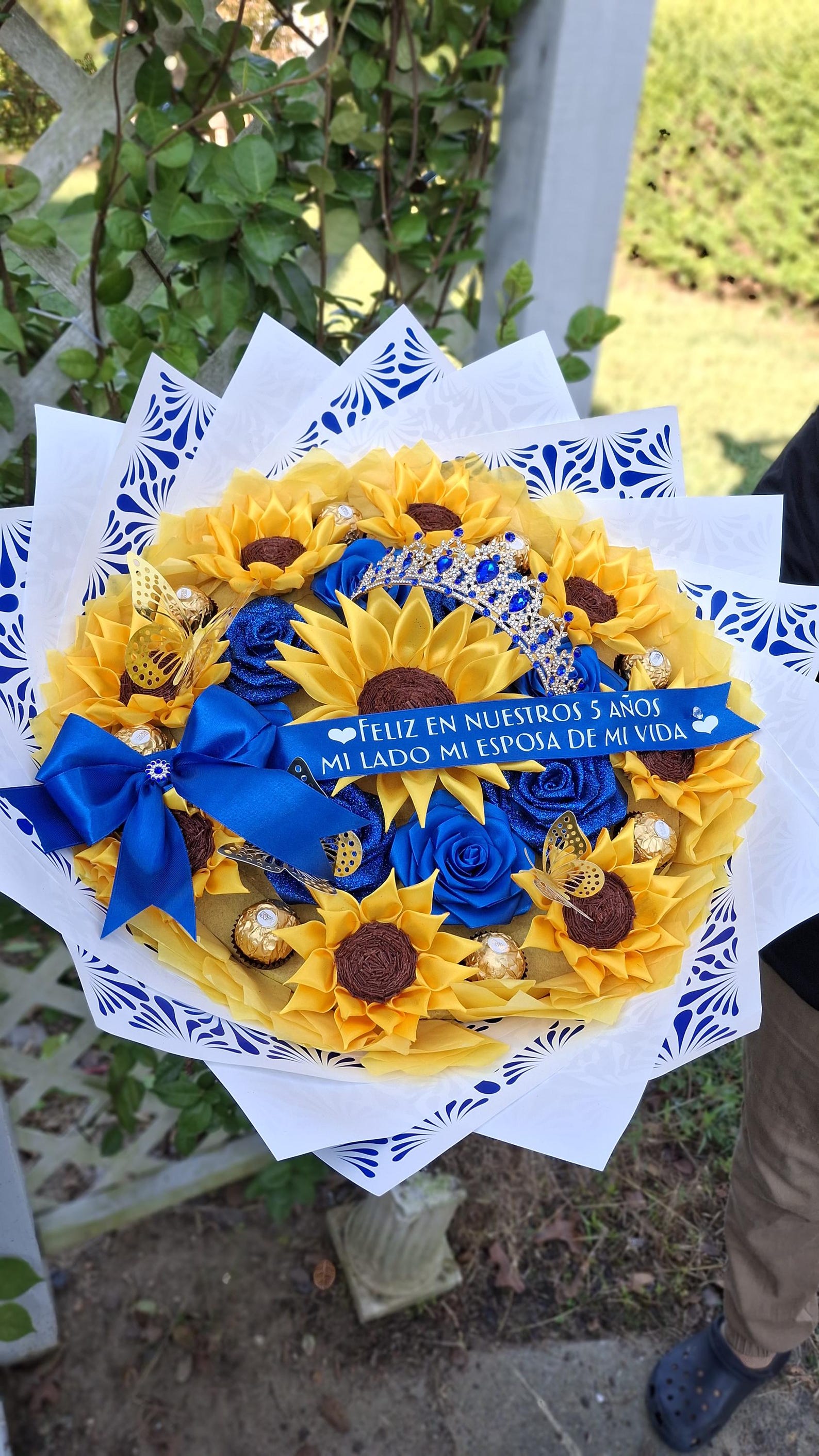 Sunflower & Blue Roses Everlasting Bouquet(talavera Inspo)(ribbon ...