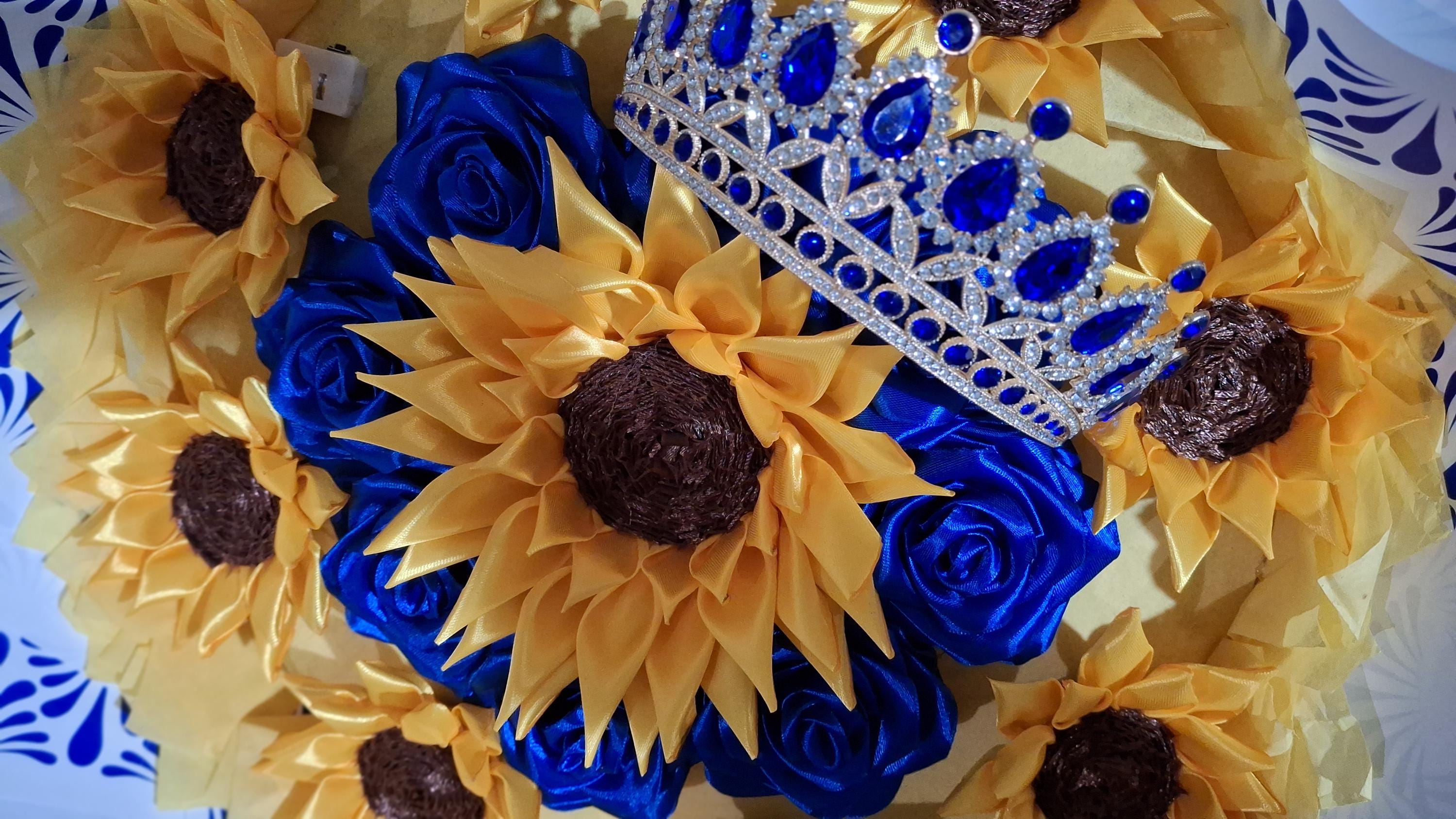 Sunflower & Blue Roses Everlasting Bouquet(talavera Inspo)(ribbon ...