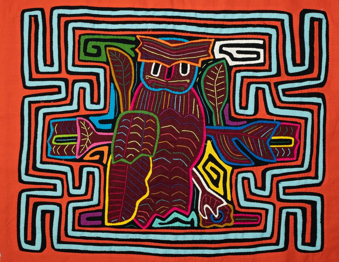 Hoot Owl Bird Mola, Boho Wall Art - Kuna Textile, Handmade Applique ...