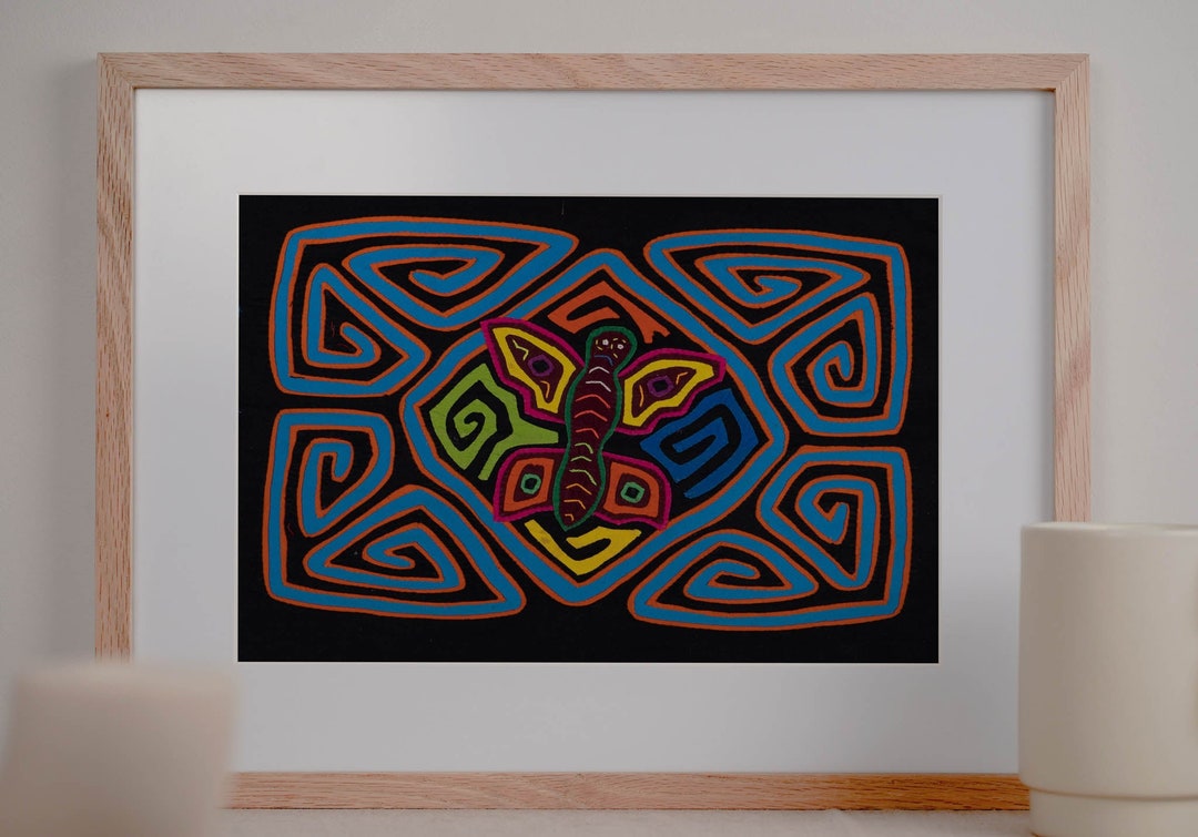 Orange Blue Butterfly in A Maze Mola Geometric Multicolor Textile ...