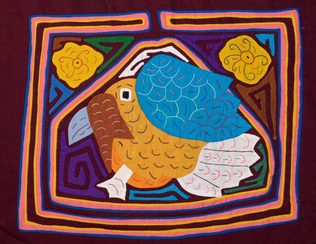 Pudgy Parrot Bird Mola - Kuna Textile, Handmade Applique, Geometric ...