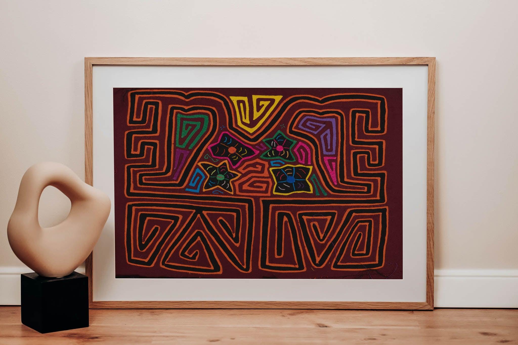 Maroon Starlight Star Mola, Handmade Art, Tribal Folklore Piece ...