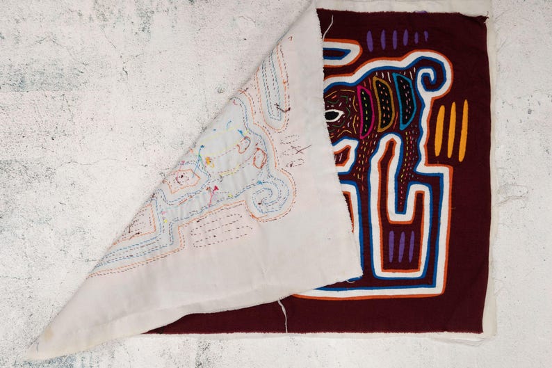 Maroon Little Pig Mola From Panama, Hand Sewn Kuna Textile Art Panel ...