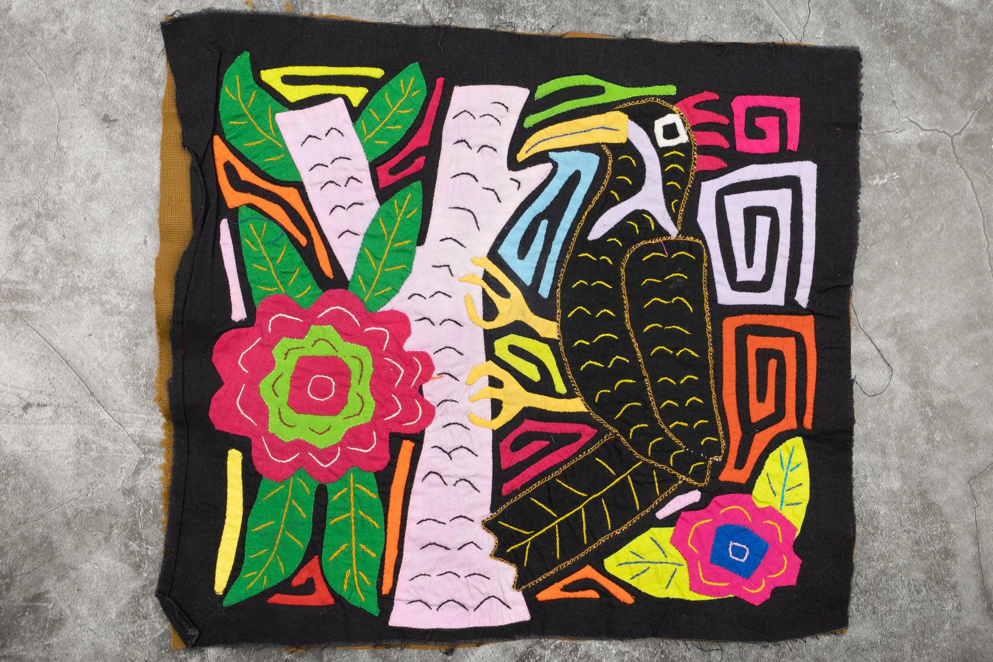 Black Bird Tree and Flower Mola - Kuna Textile, Handmade Applique ...