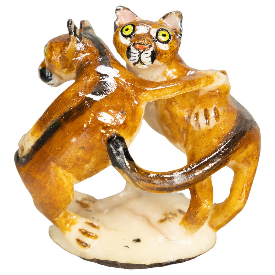 Puma Tagua Nut Carving, Two Golden Mountain Cats Adult Cub Pair, Panama ...