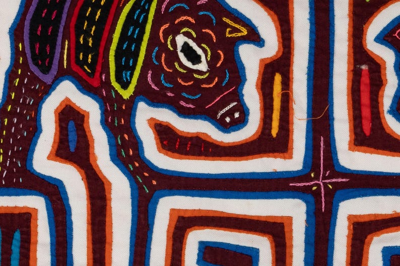 Maroon Little Pig Mola From Panama, Hand Sewn Kuna Textile Art Panel ...