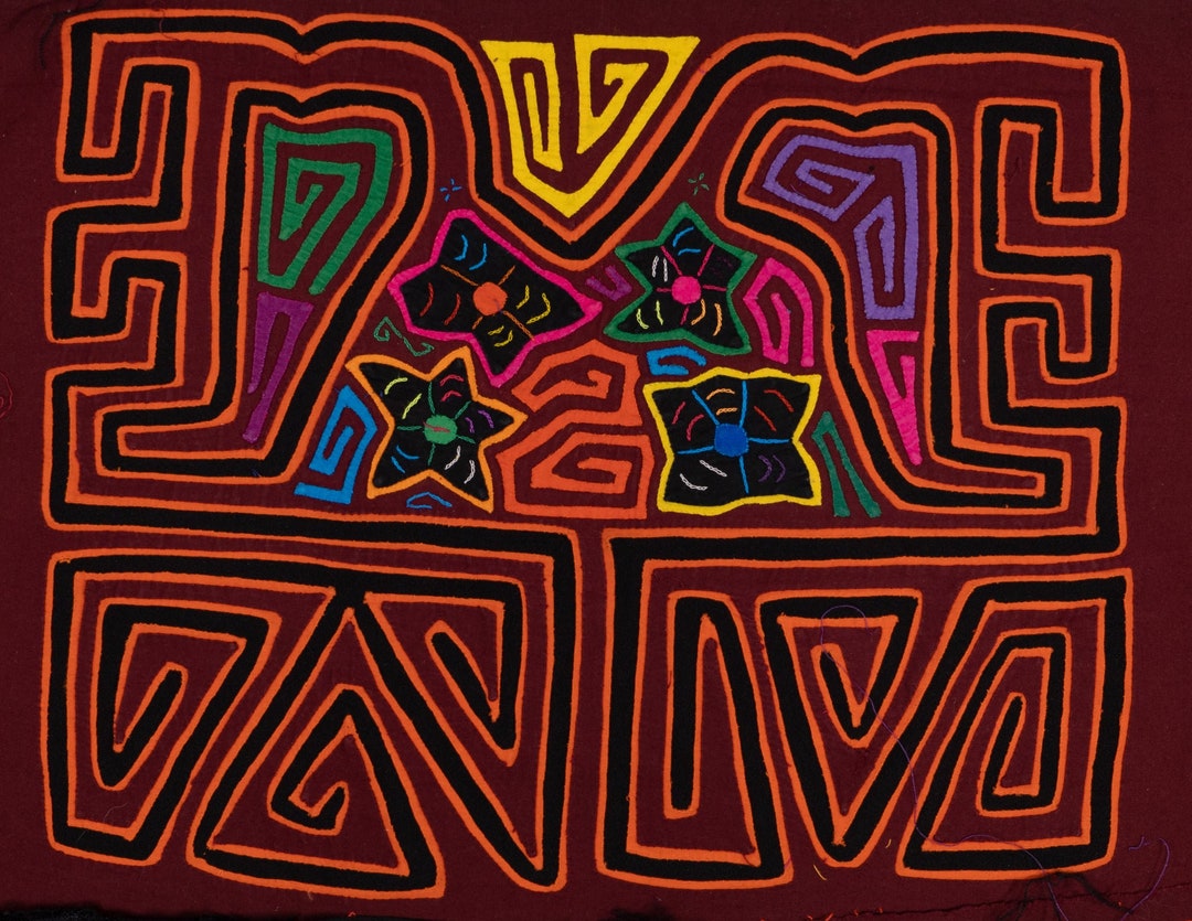 Maroon Starlight Star Mola, Handmade Art, Tribal Folklore Piece ...