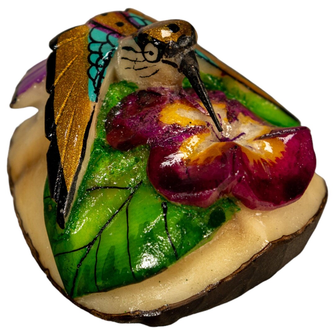 Hummingbird Flower Tagua Nut Carving, Panama Rainforest Bird Figurine ...
