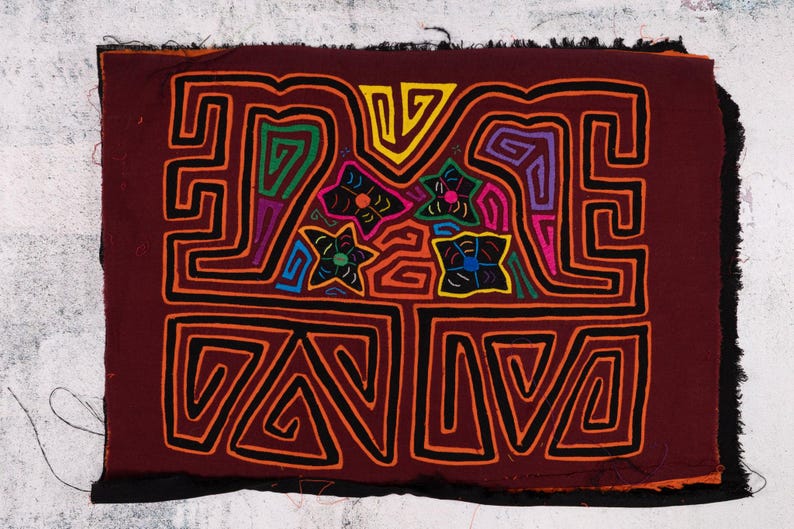 Maroon Starlight Star Mola, Handmade Art, Tribal Folklore Piece ...