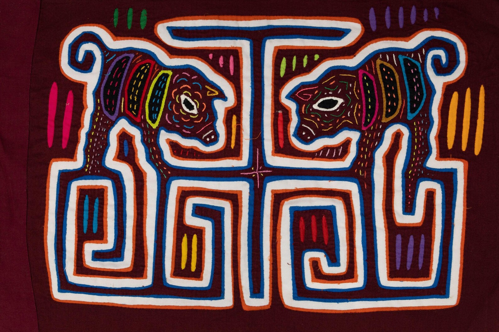 Maroon Little Pig Mola From Panama, Hand Sewn Kuna Textile Art Panel ...