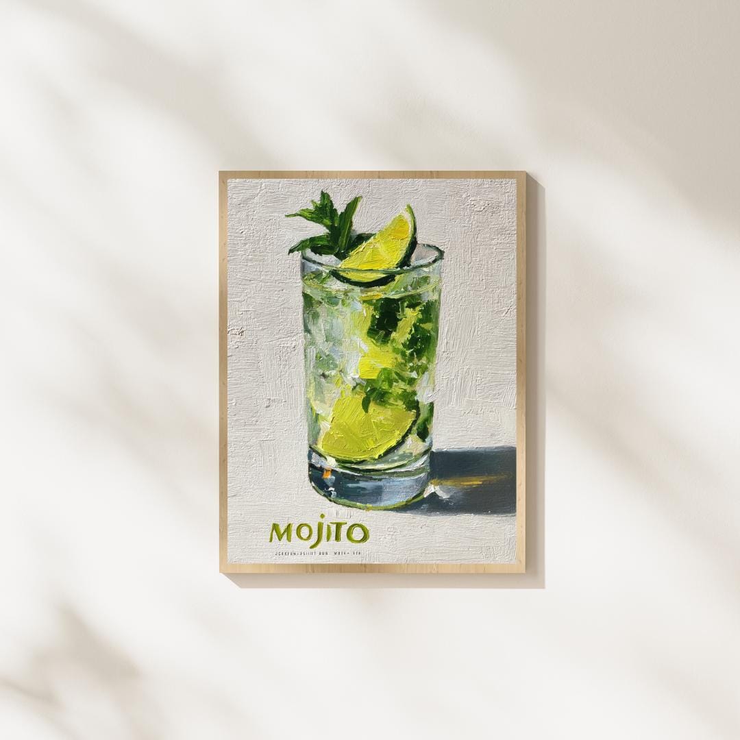 Mojito Cocktail Oil Painting, Refreshing Mint Lime Drink Wall Art ...