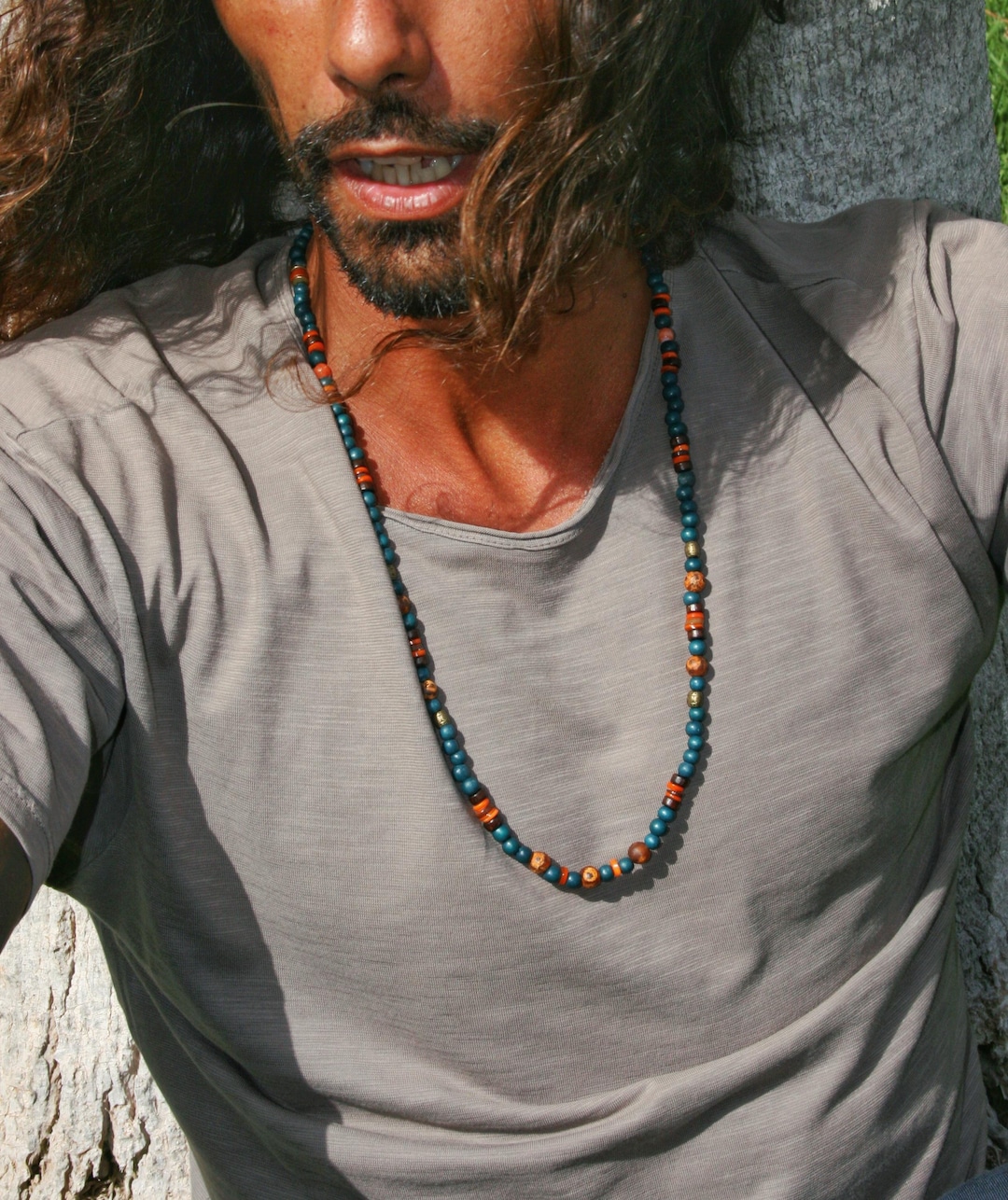 Long Beaded Mens Necklace: Tibetan Agate, Jasper, Wood - Etsy