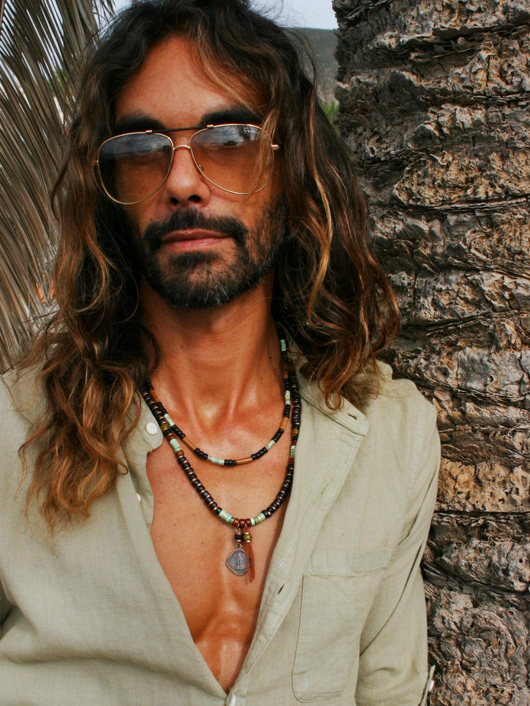 Mens Layered Necklace Set: Tribal Wood, Leather Pendant, Turquoise ...