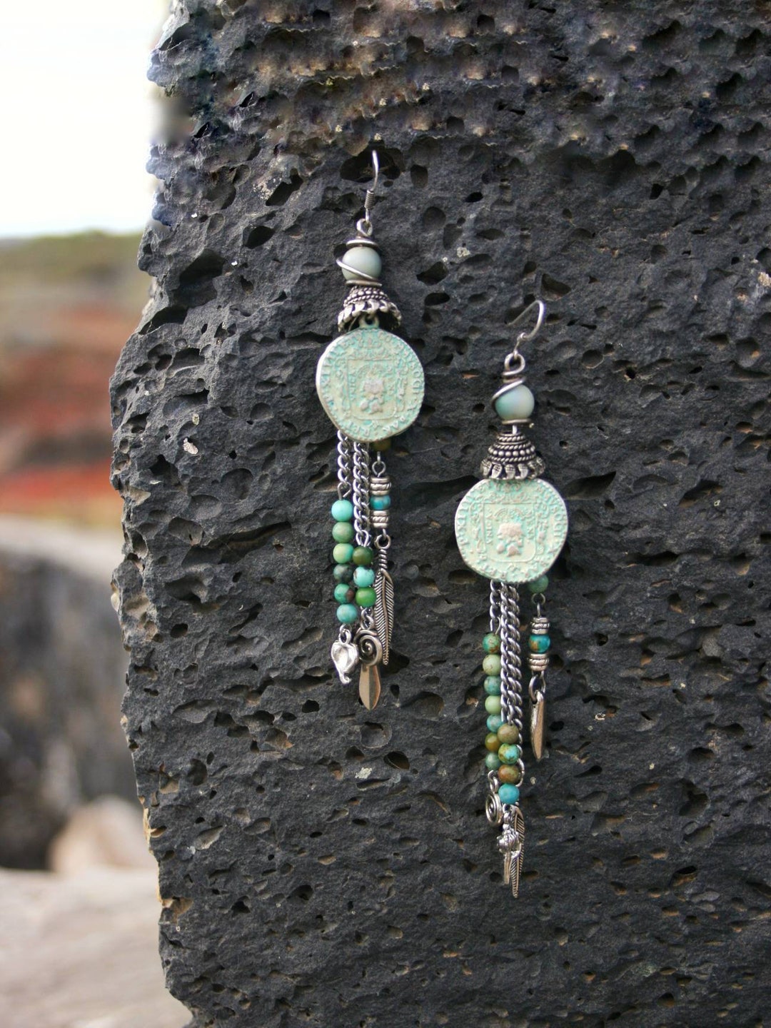 Antique Barcelona Coin Earrings/ Turquoise Long Chain Beaded Earrings ...