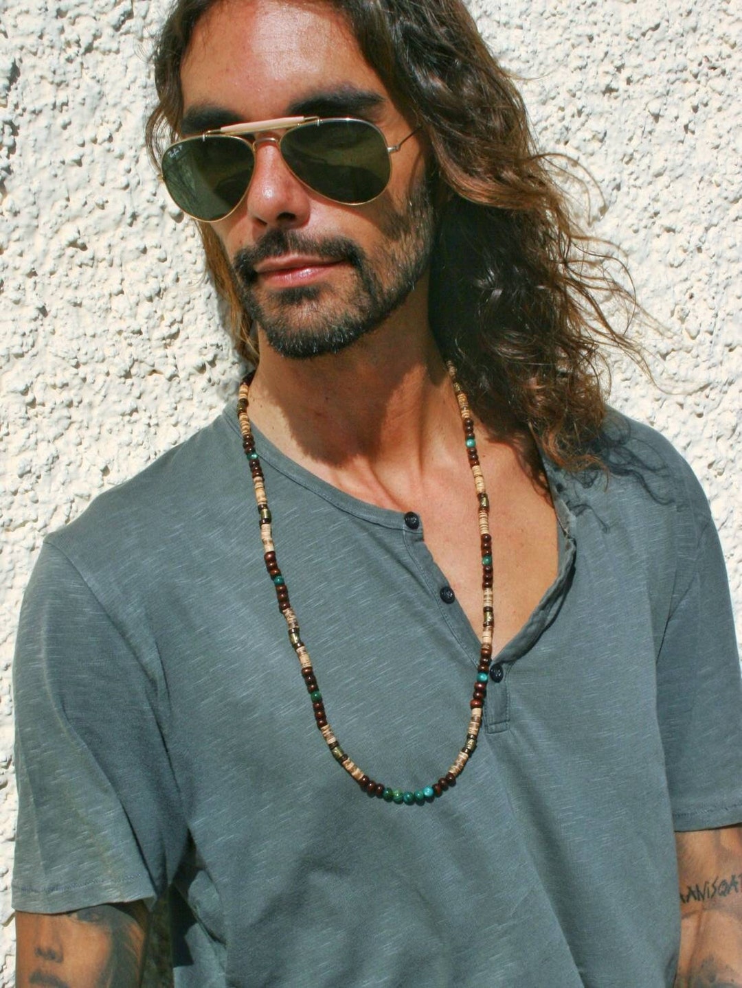 Unique Long Necklace Man / Coconut Wood Agate Necklace Men / Celtic ...