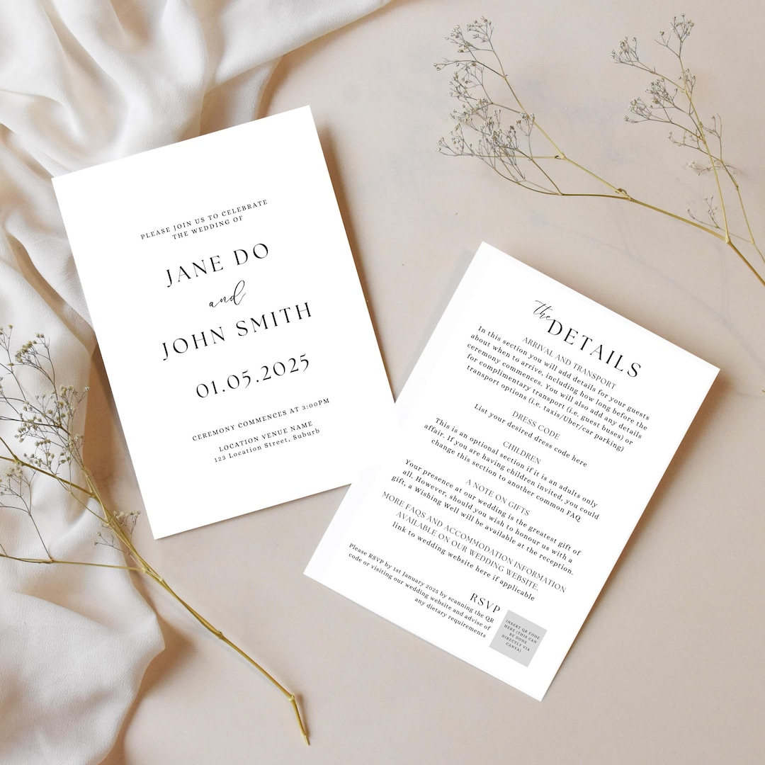 Simple and Elegant Wedding Invitation Template for Canva | Faqs and QR ...