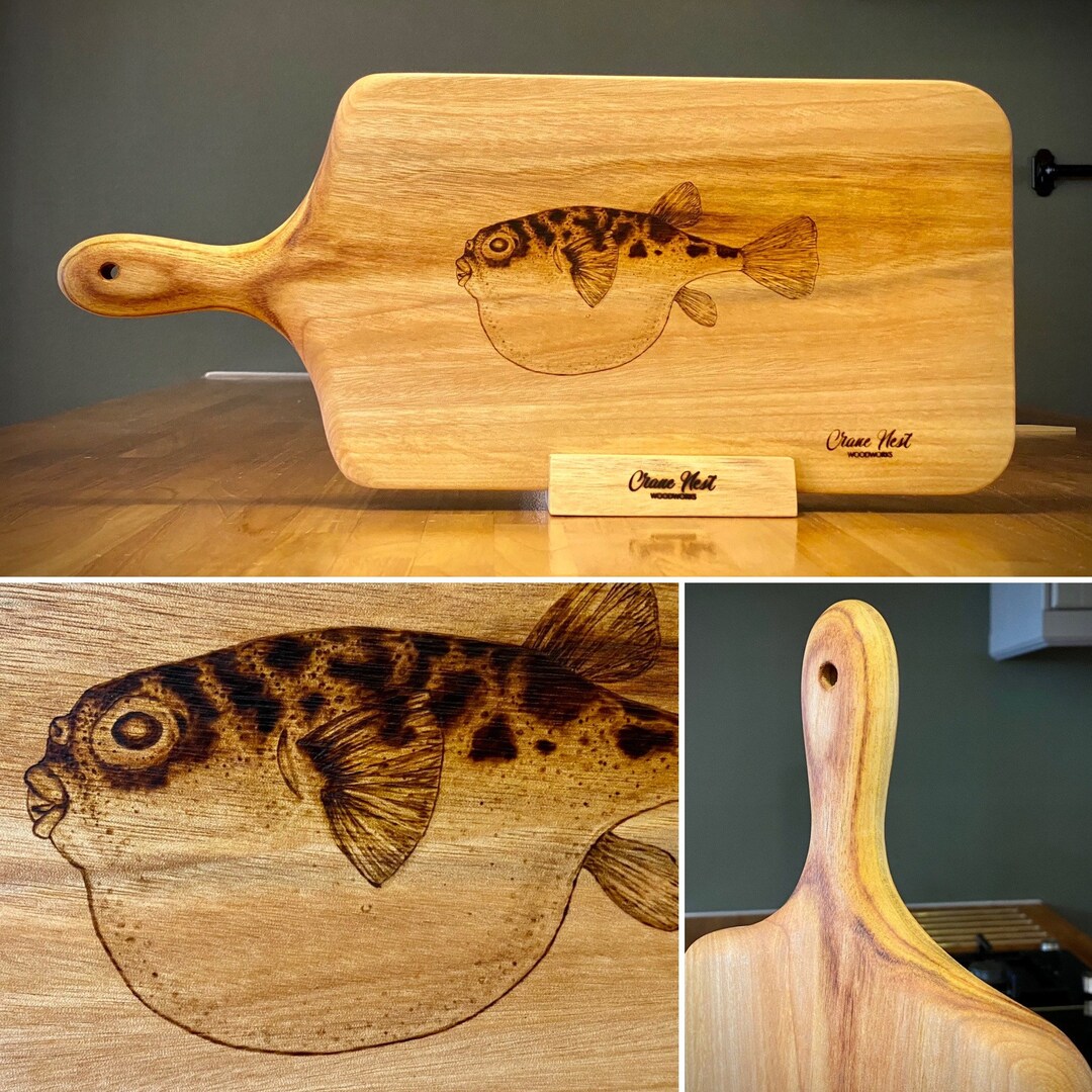 Serving Board, Pyrography, Woodburning Art, Blowfish, Handmade, Plating ...