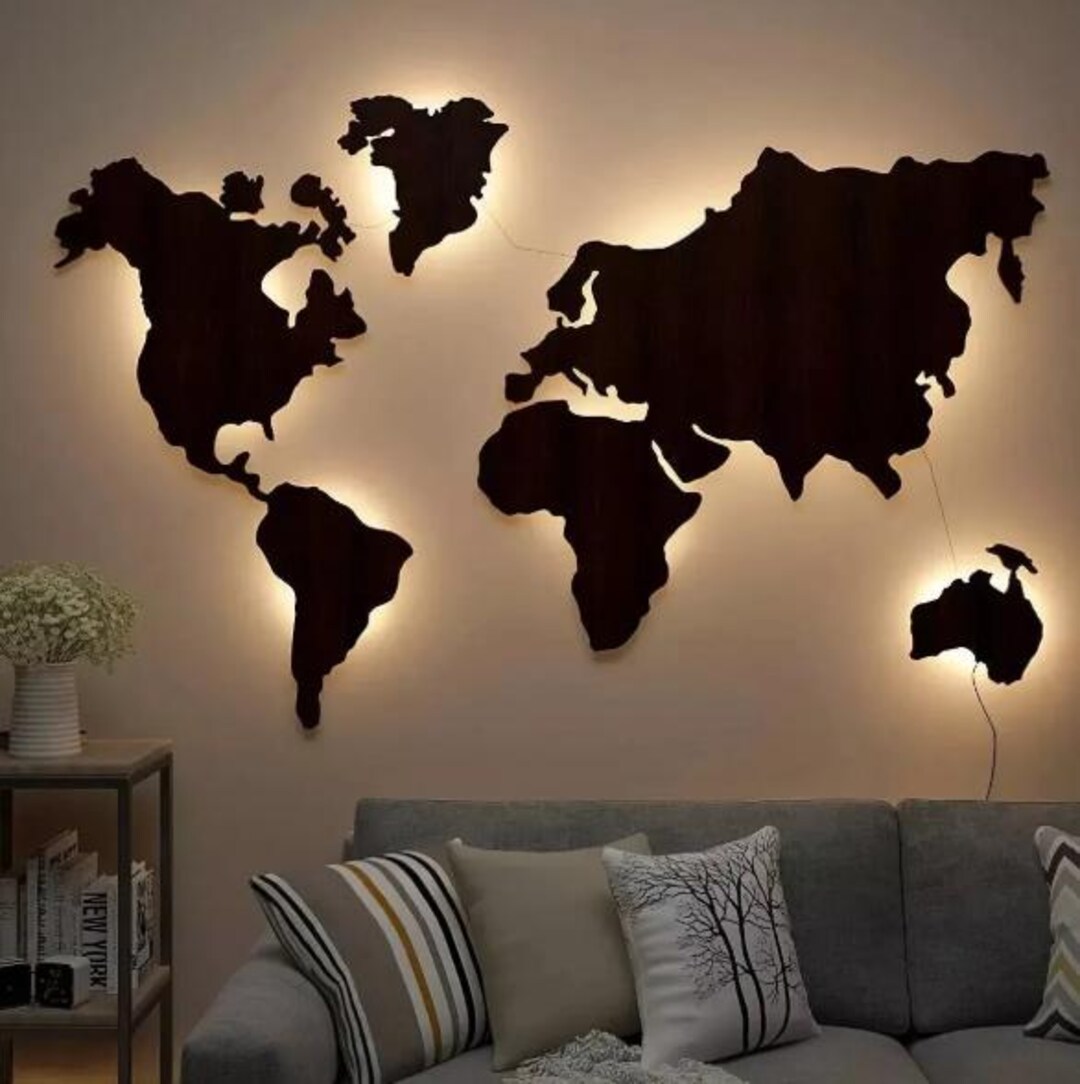 3D Wooden World Map Wall Art With LED Lighting, Wooden World Map Push ...