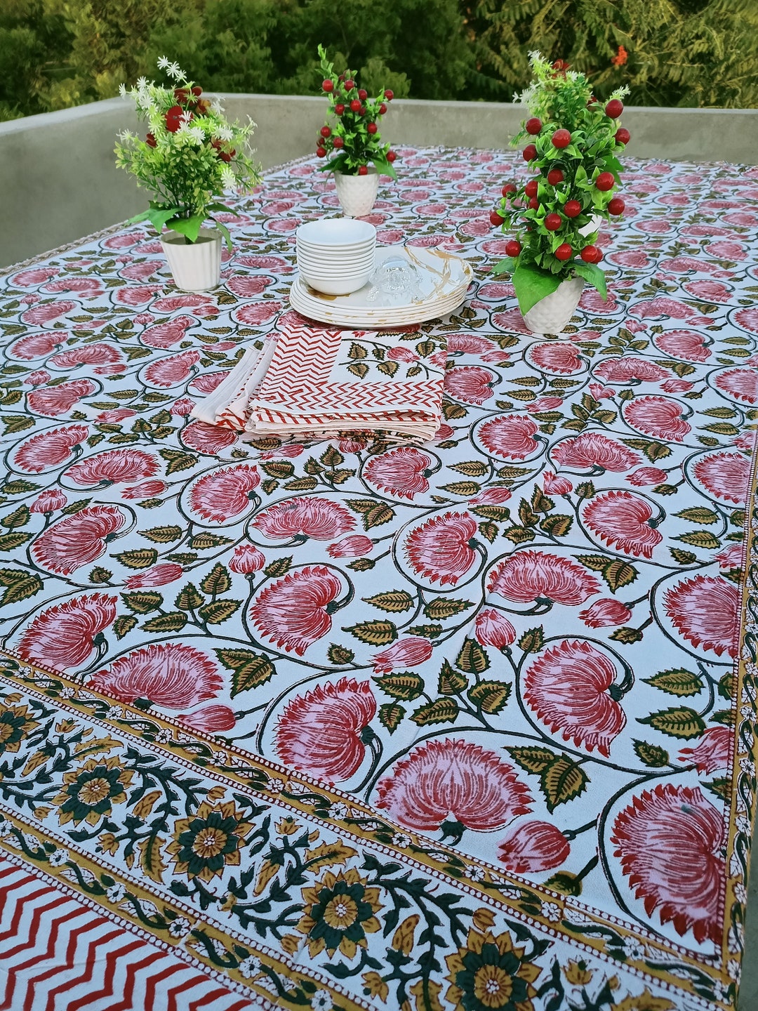 Pink With Green Color Table Cloths Indian Flower Design Hand - Etsy