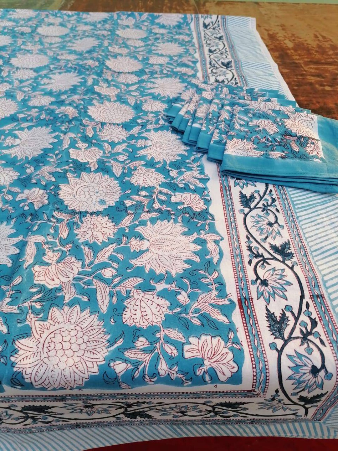 Indian Cotton Sky Blue Color Tablecloths Flower Design Hand - Etsy