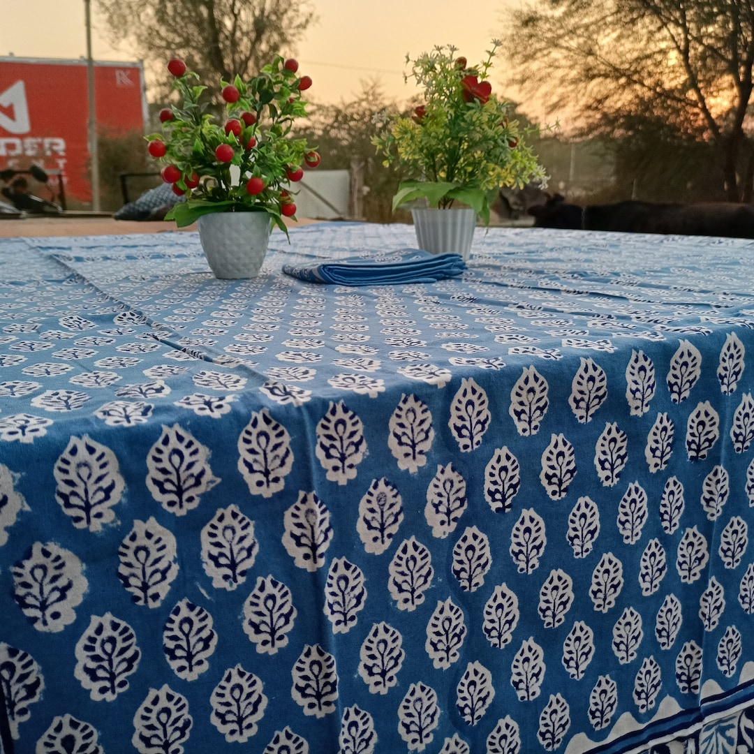Hand Block Table Cloth Handmade Cotton Tablecloth Indigo Blue Flower ...
