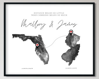 Custom Love Map Printable, Long Distance Relationship Map, Long ...