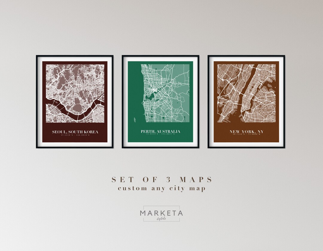 Set of 3 Custom Maps, City Map Prints, Custom Map Print, Custom Any ...