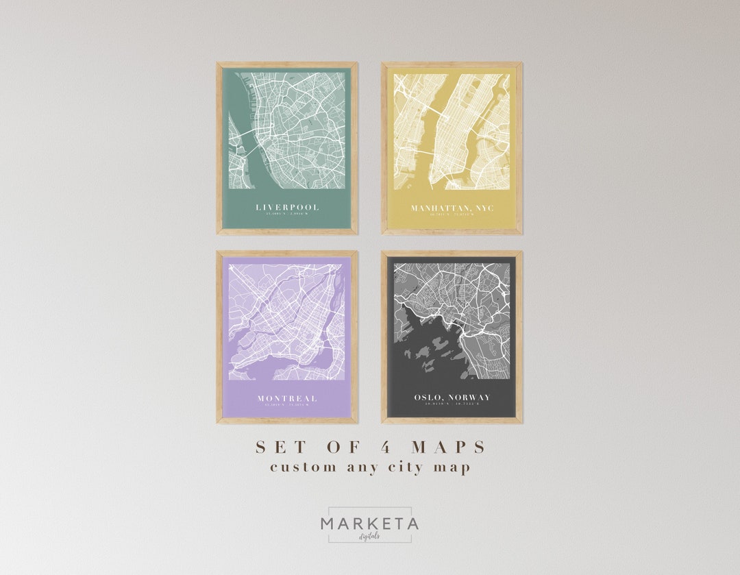 Set of 4 Custom Maps, City Map Prints, Custom Map Print, Custom Any ...