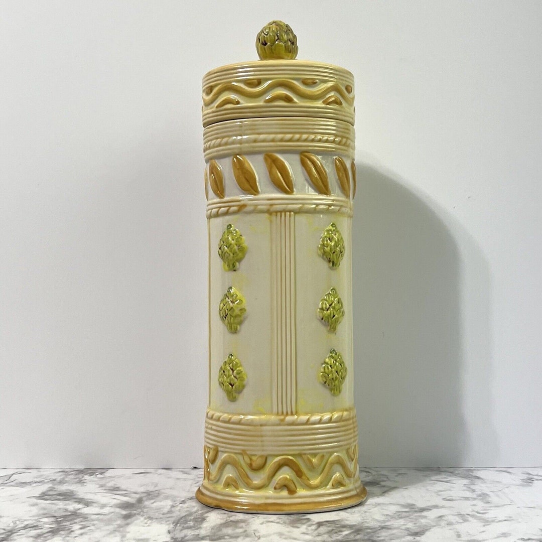 VTG 90s Italian Mediterranean Ceramic Tall Pasta Canister Keeper 3-D ...