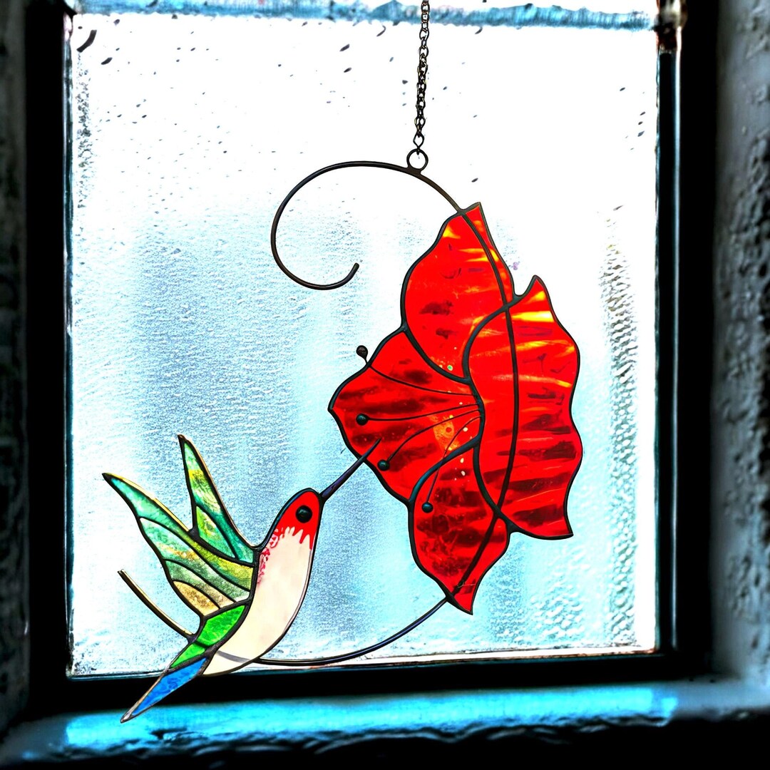 Handcrafted Hummingbird Stained Glass Panel Perfect for Garden or ...