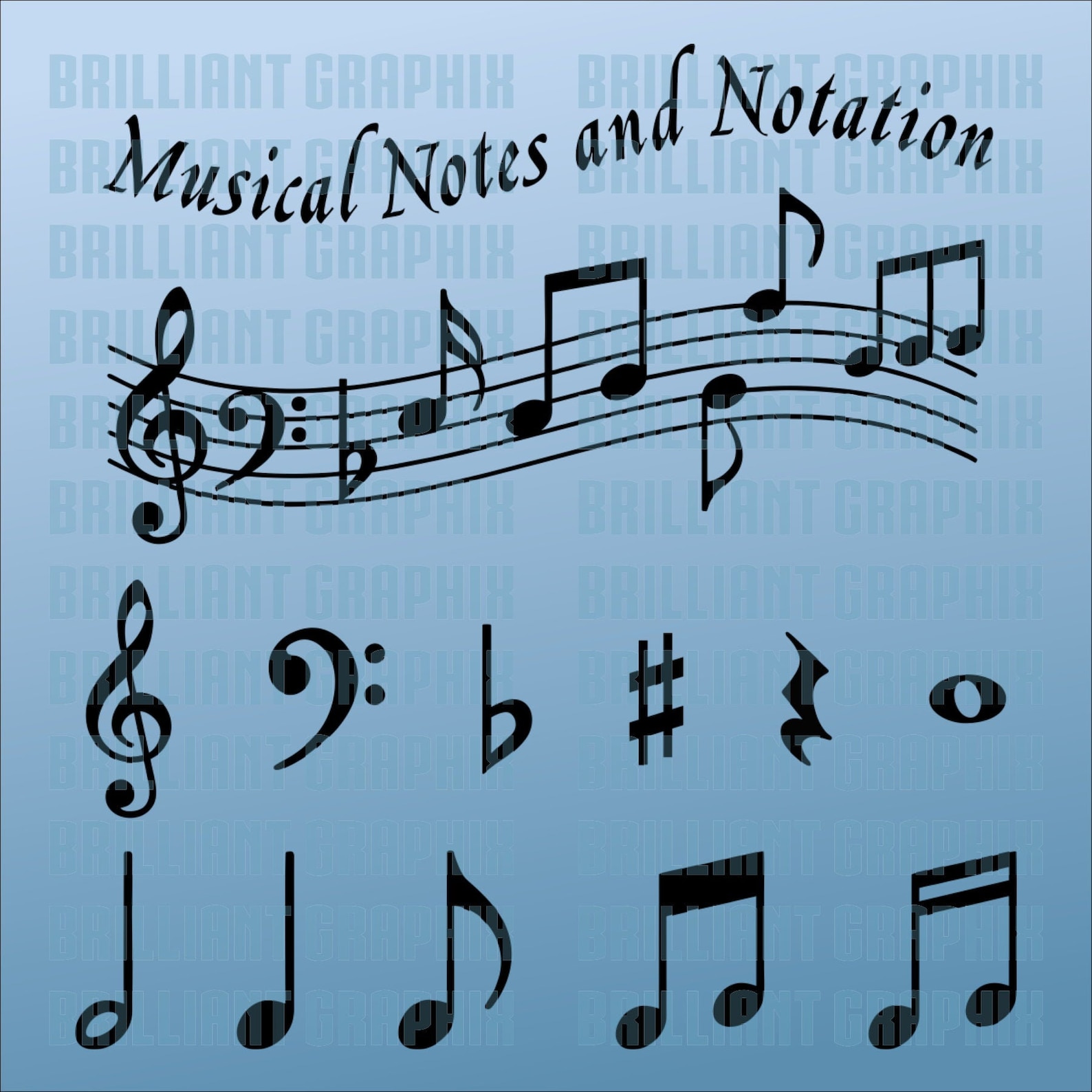 Music Notes and Notation Vector Art Collection. Svg, Eps, Pdf, Png, Dxf ...