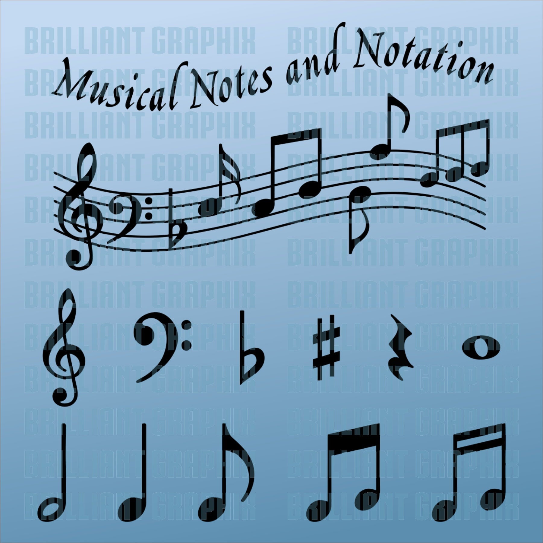Music Notes and Notation Vector Art Collection. Svg, Eps, Pdf, Png, Dxf ...