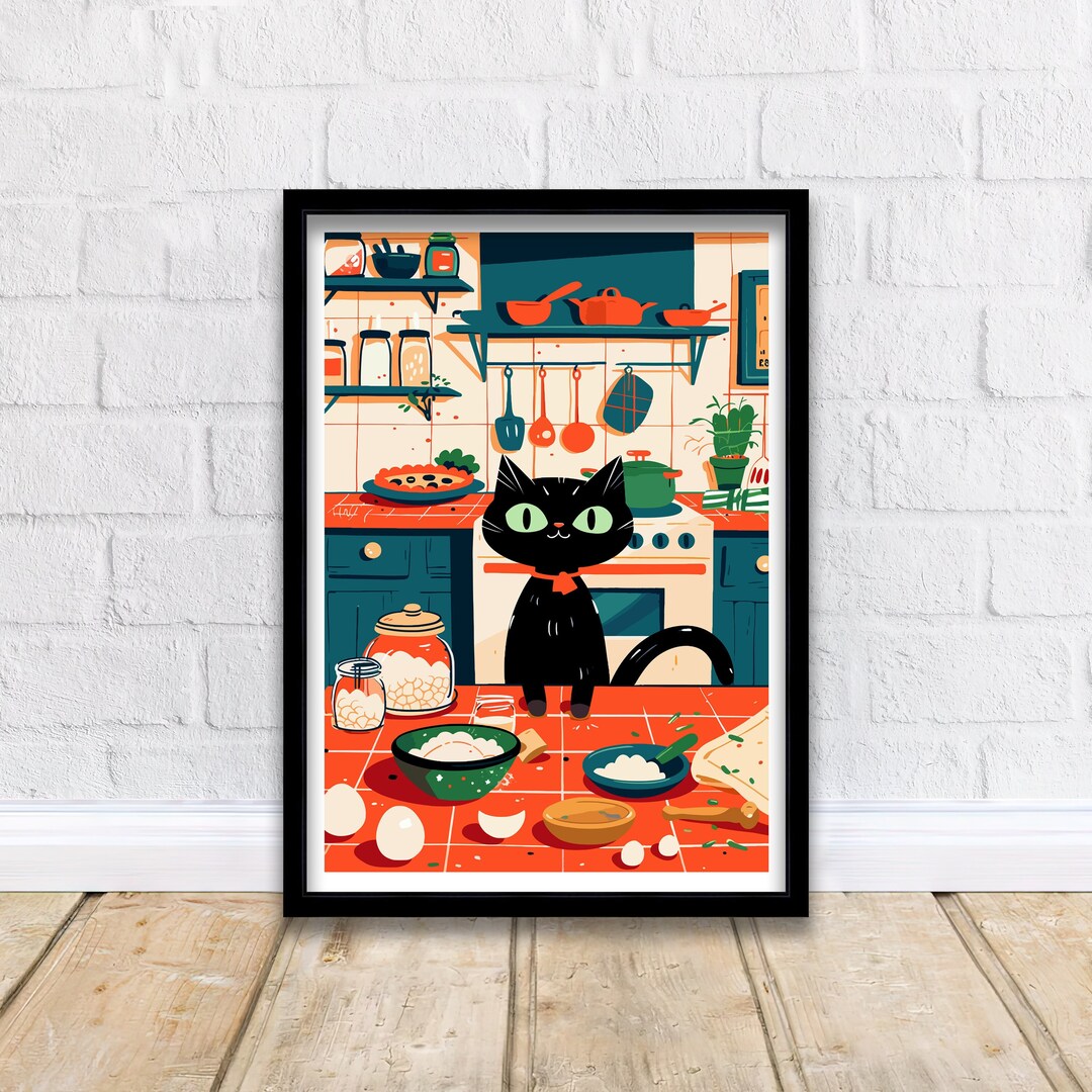 Black Cat in Kitchen Print Whimsical Cat Art for Kitchen Décor Modern ...