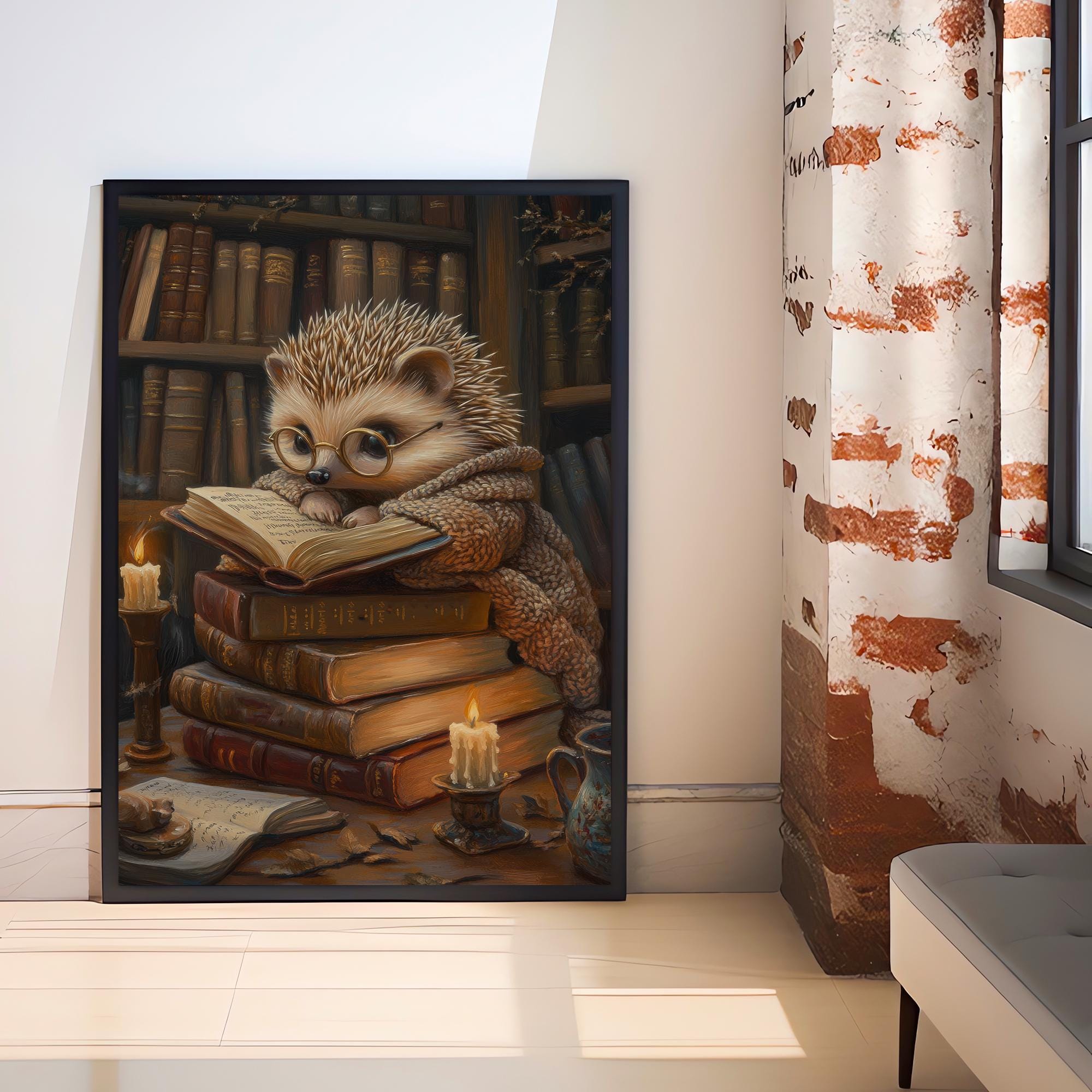 Hedgehog Librarian Art Print Cottagecore Book Lover Decor Whimsical ...