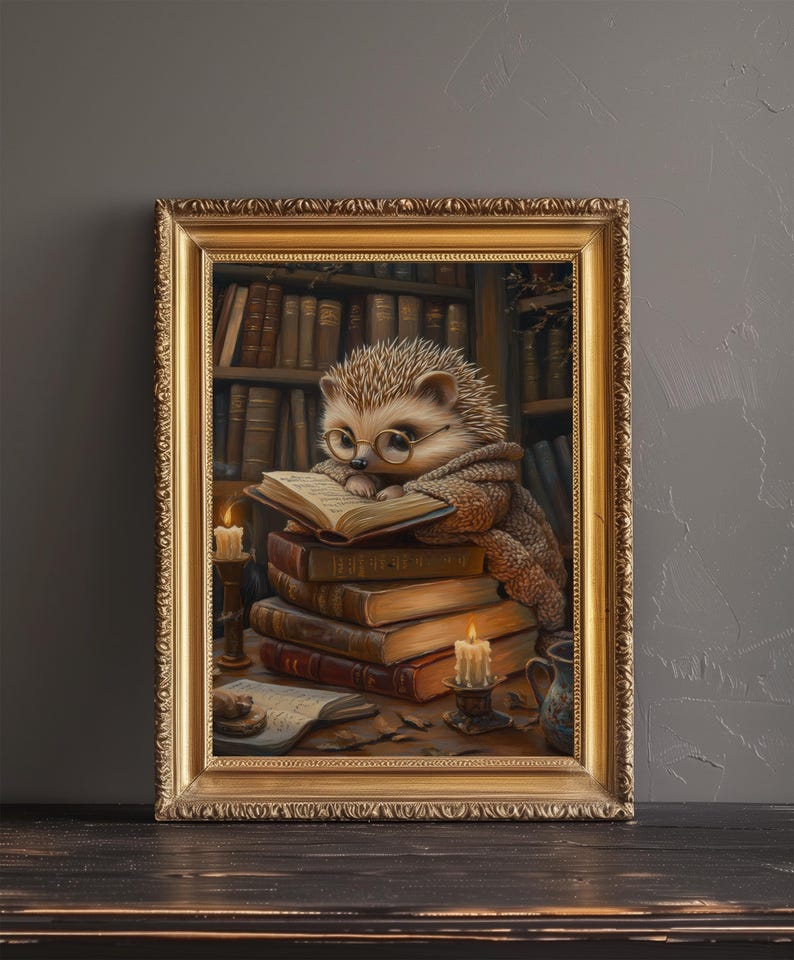 Hedgehog Librarian Art Print Cottagecore Book Lover Decor Whimsical ...