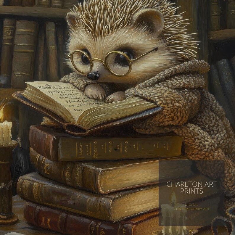Hedgehog Librarian Art Print Cottagecore Book Lover Decor Whimsical ...