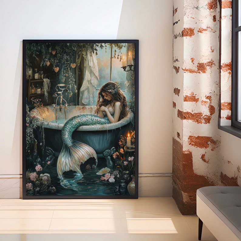 Mermaid in Bathtub Print Dark Academia Art Whimsical Decor Gothic Home ...