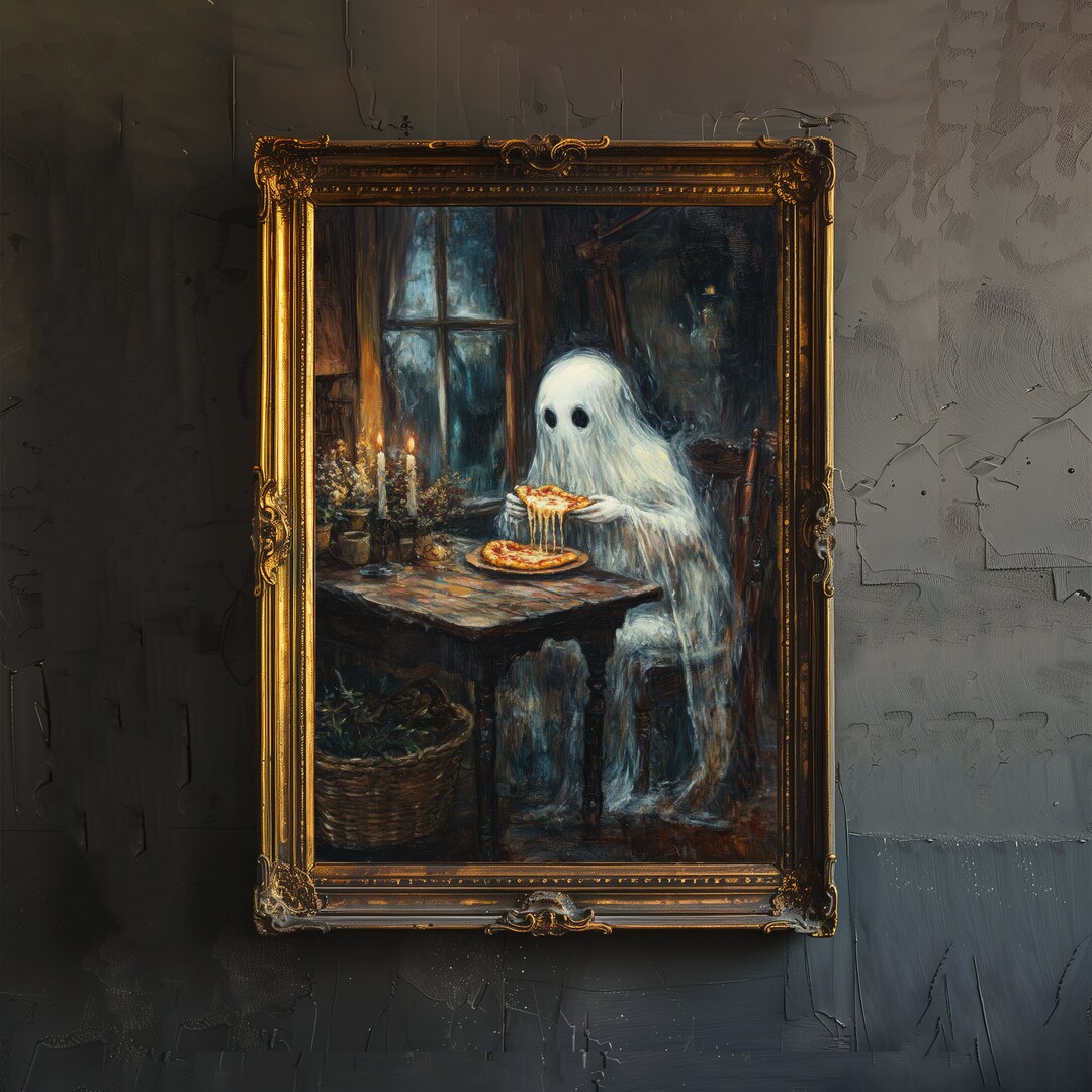 Ghost Eating Pizza Print Spooky Art Dark Academia Whimsical Decor ...
