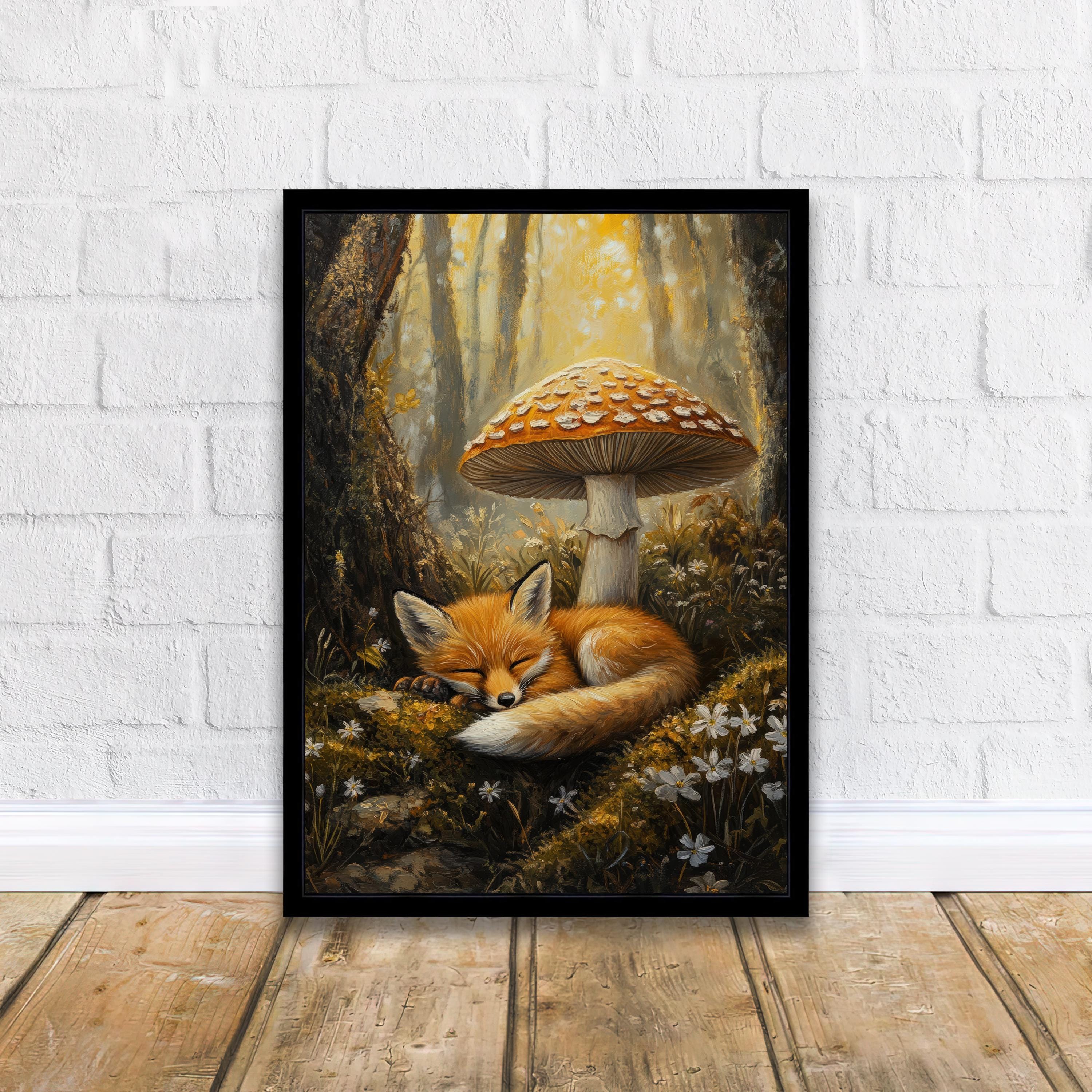 Fox Sleeping Under Mushroom Poster Cottagecore Decor Dark Academia Art ...