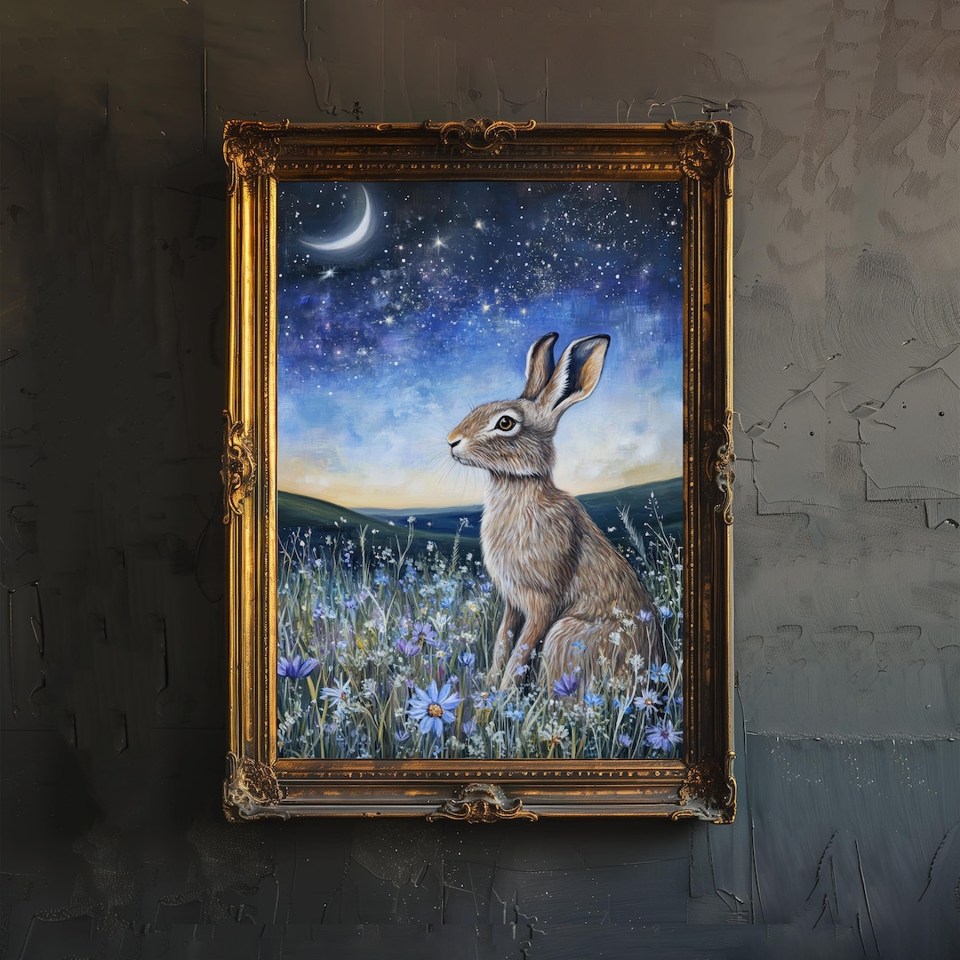 Hare Under Night Sky Cottagecore Art Print Mystical Woodland Wall Art ...