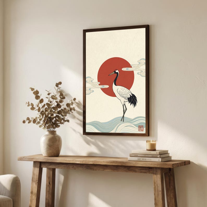 Japanese Crane Art Print: Red Sun, Minimalist Bird, Zen Oriental Nature ...