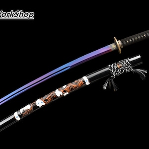 Hand Forged Violet-toned Katana Art - Dragon Engraved Display Piece ...