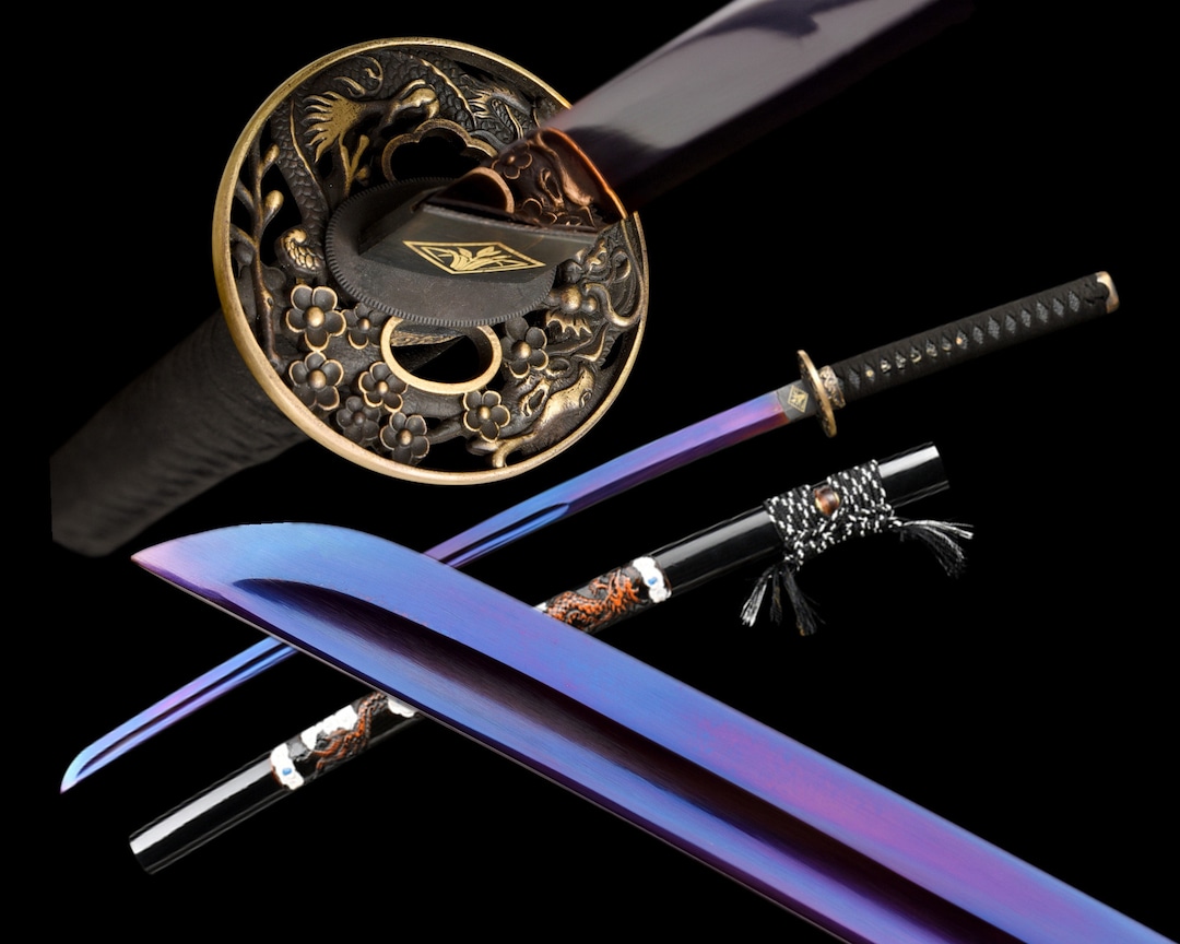 Hand Forged Violet-toned Katana Art - Dragon Engraved Display Piece ...