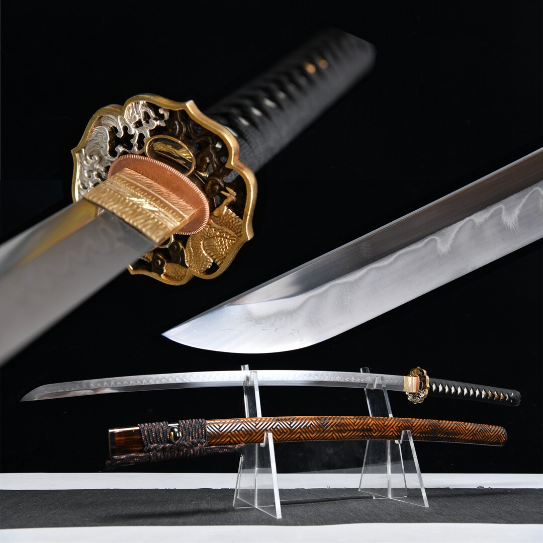 Handcrafted Japanese Katana Art Piece - Ornate Gilt Dragon Tsuba ...