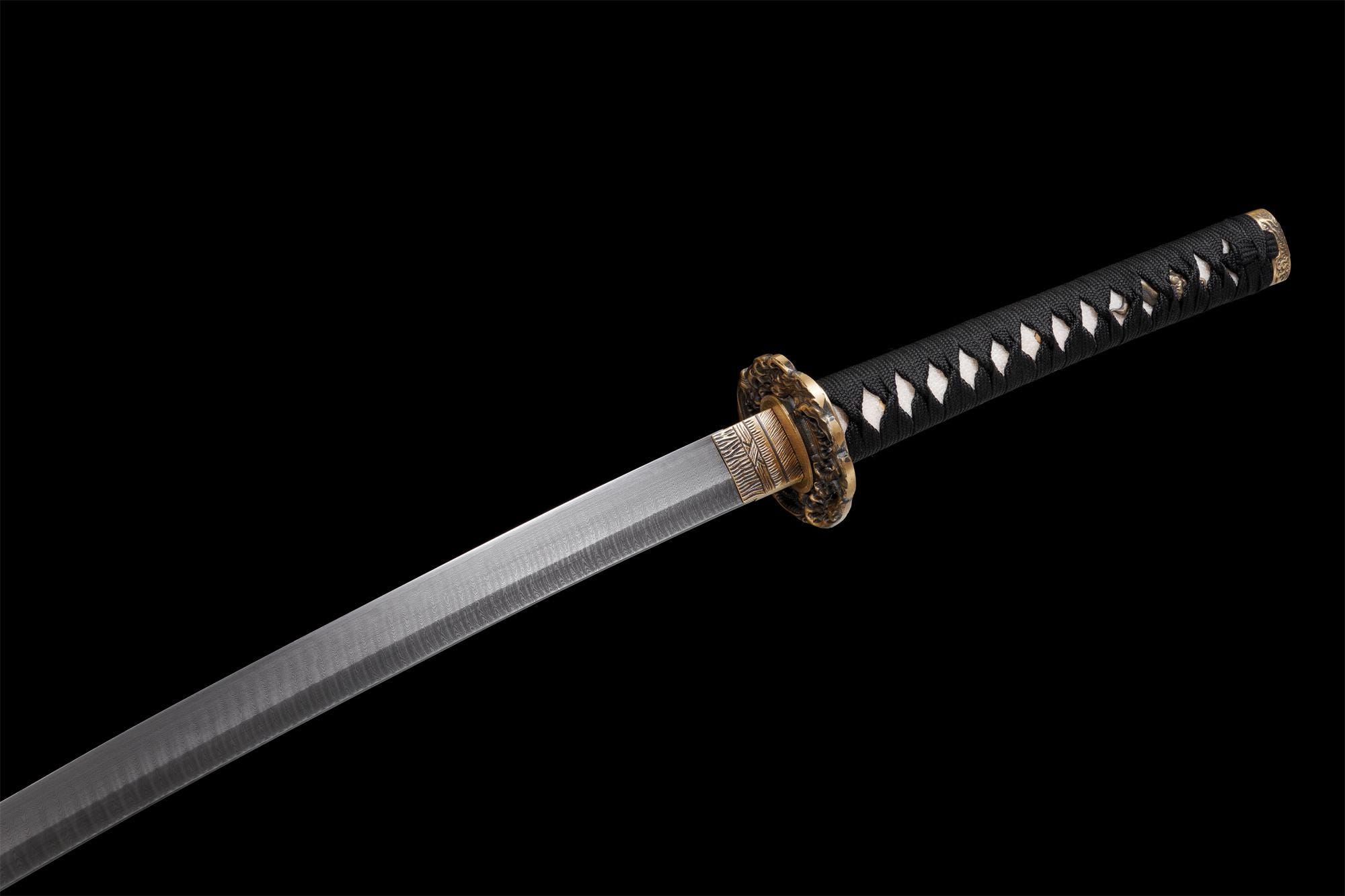Hand-forged Japanese Katana, Damascus Steel With Ladder Pattern, Dragon ...