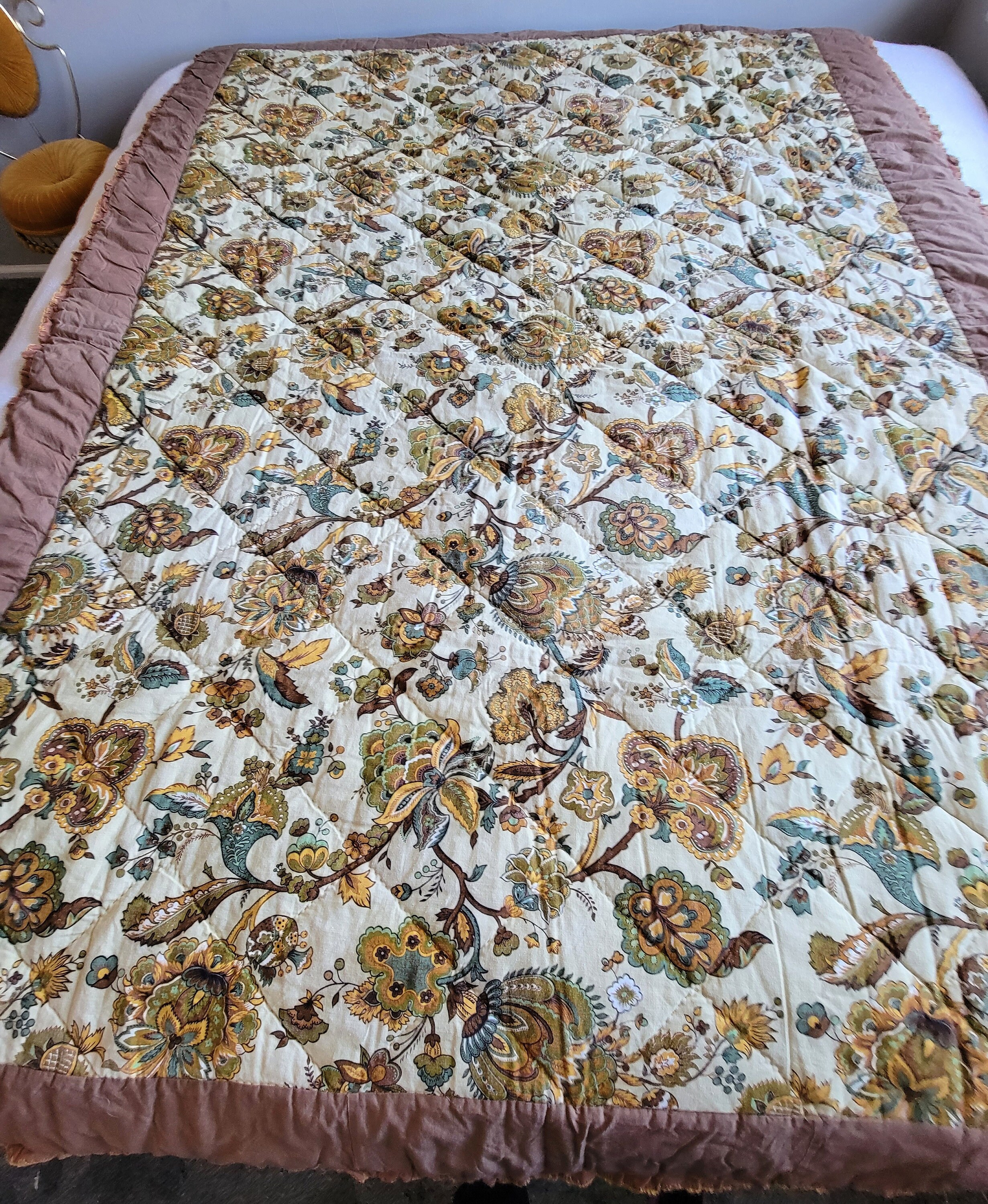 Vintage 70s Twin Comforter With Brown Green and Gold Floral Design With ...