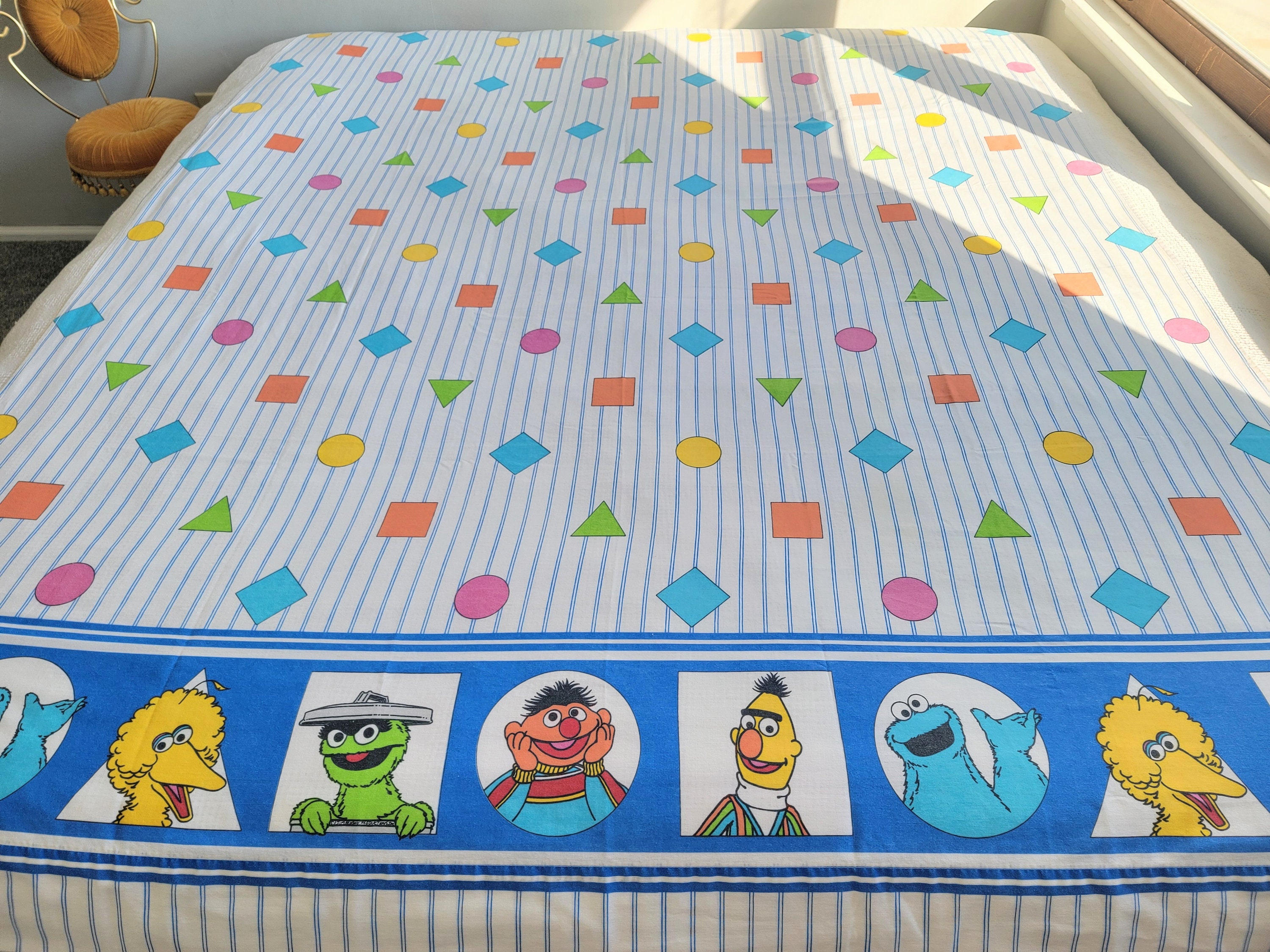 Vintage Twin Flat Sesame Street Cartoon Kids Sheet With Shapes and ...