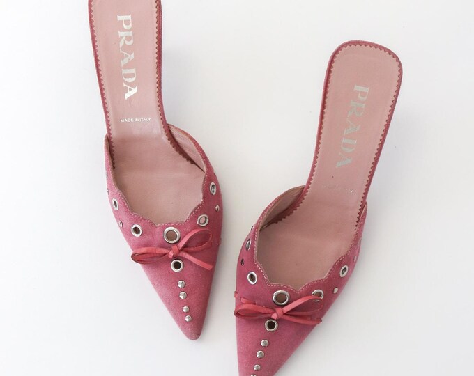 Vintage Prada Iconic Pink Suede Eyelet Bow Mule Heels / 36 (US 6) - Etsy