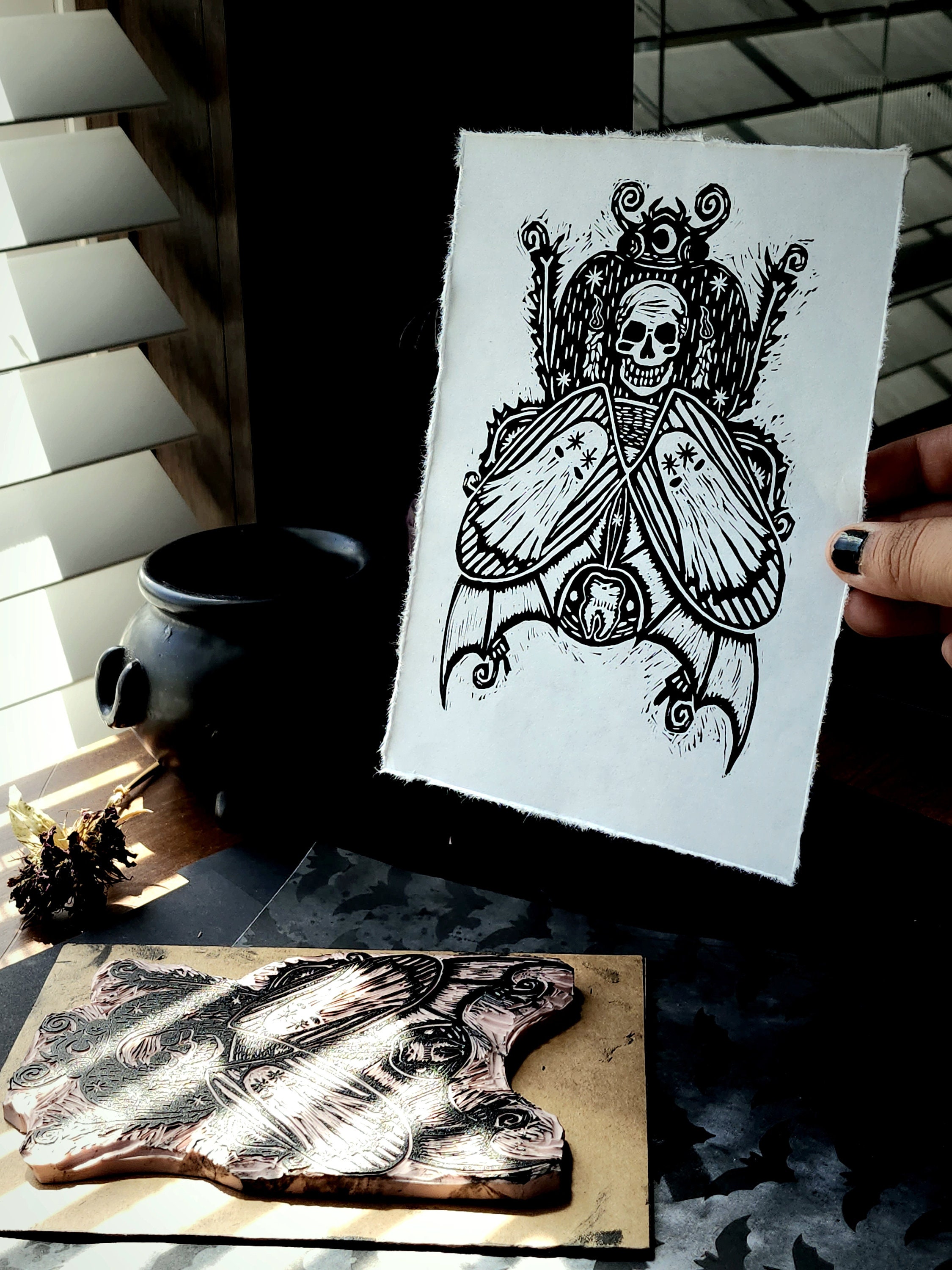 Unusual Linocut Print 5 X 7 Ghost Skull Beetle Bug - Etsy