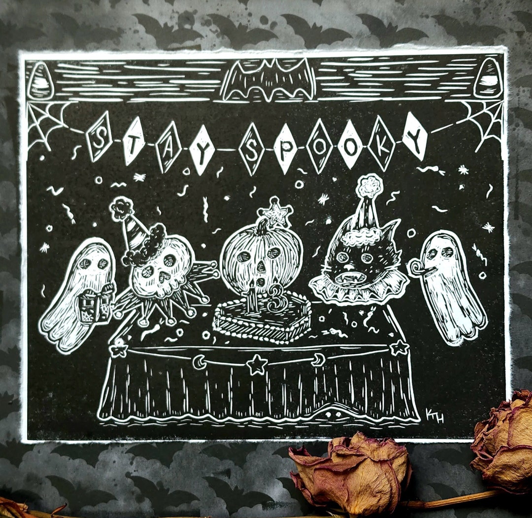 Stay Spooky | Lucky 13 | Halloween Party | Linocut Print | Spooky Art ...
